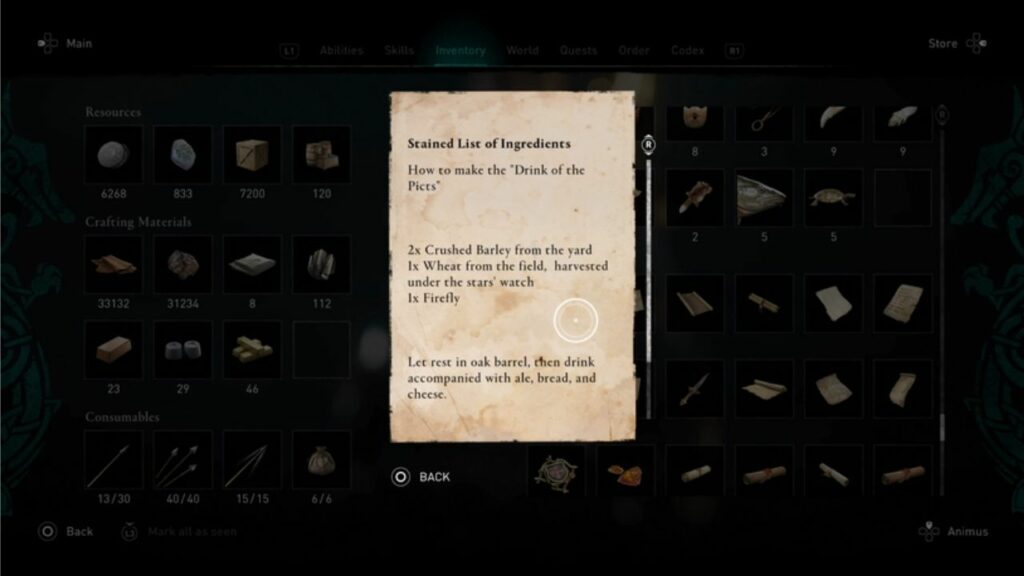 Where to find the Stained List of Ingredients in AC: Valhalla?