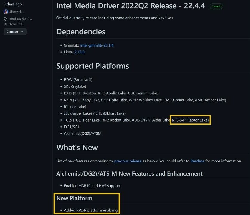 Intel’s Latest Media Driver API Features Raptor Lake Support