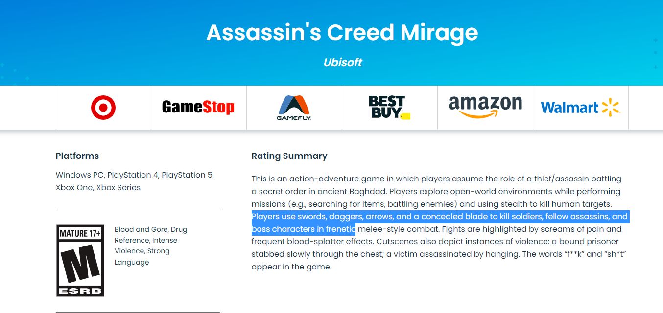 Major plot spoiler revealed via ESRB rating for AC: Mirage