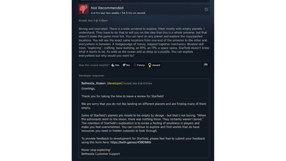 Bethesda replies to negative Starfield reviews on Steam